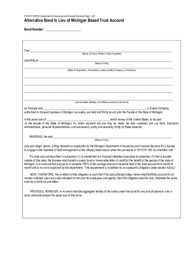 Fillable Online Form FIS0517 "Alternative Bond in Lieu of Michigan ...