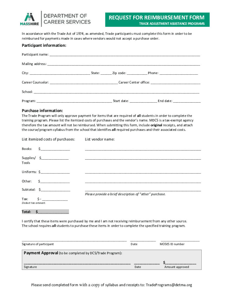 Fillable Online REQUEST FOR REIMBURSEMENT FORM - Massachusetts Fax ...
