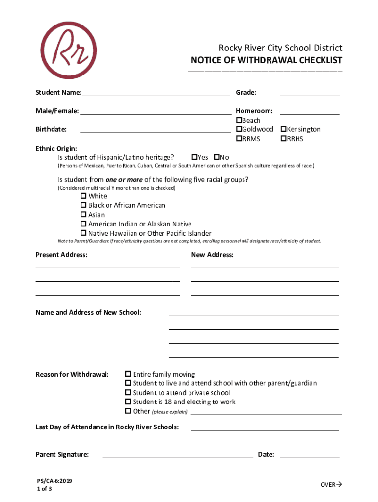 Fillable Online Rocky River City School District NOTICE OF WITHDRAWAL CHECKLIST - RRCS Fax Email ...
