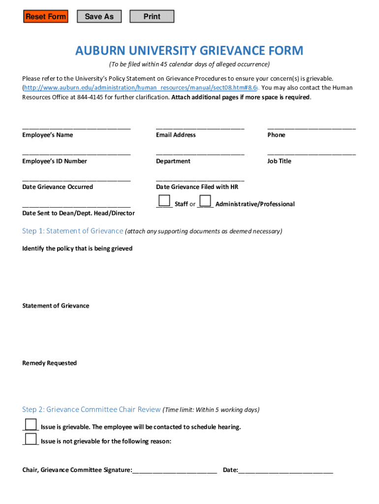 Fillable Online AUBURN UNIVERSITY GRIEVANCE FORM Fax Email Print ...