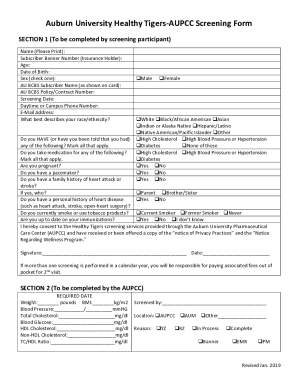Fillable Online Auburn University Healthy Tigers-AUPCC Screening Form ...