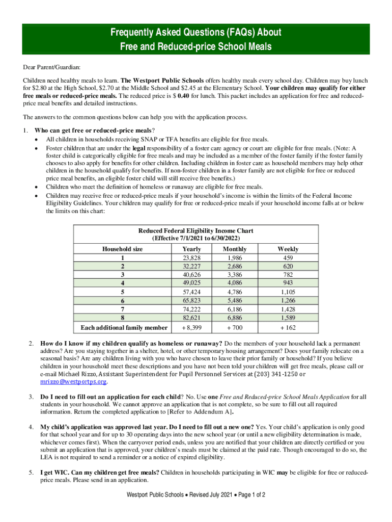 Fillable Online Frequently Asked Questions (FAQs) About Free and Reduced-price School Meals Fax ...