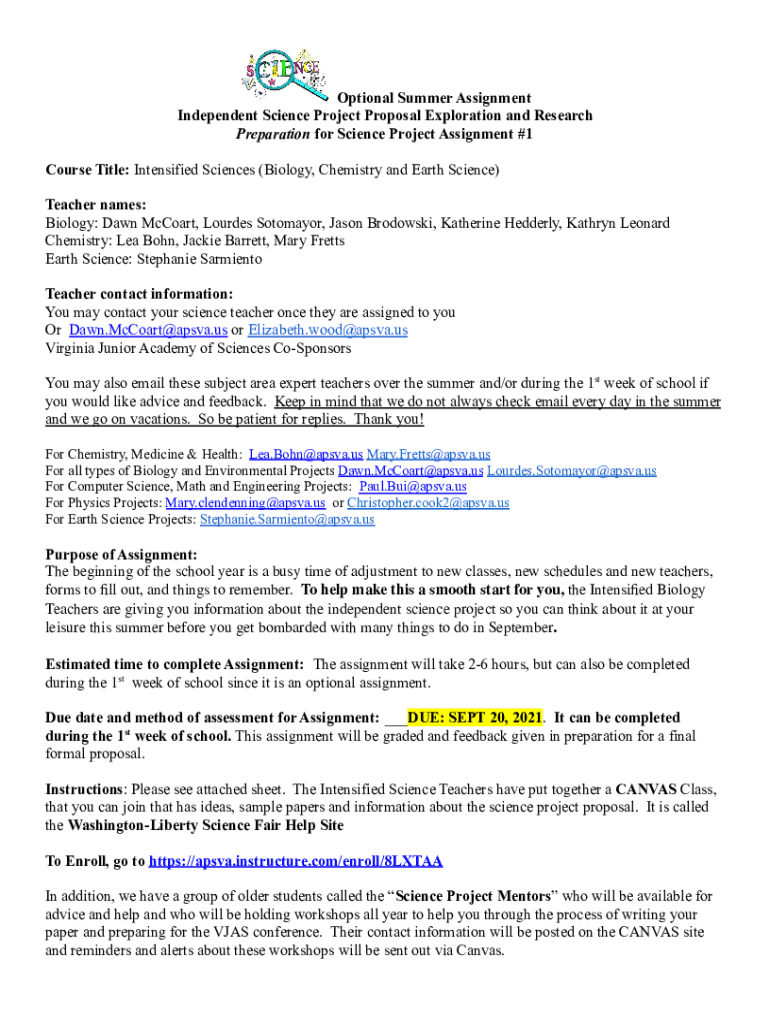 Fillable Online Optional Summer Assignment Independent Science Project ...