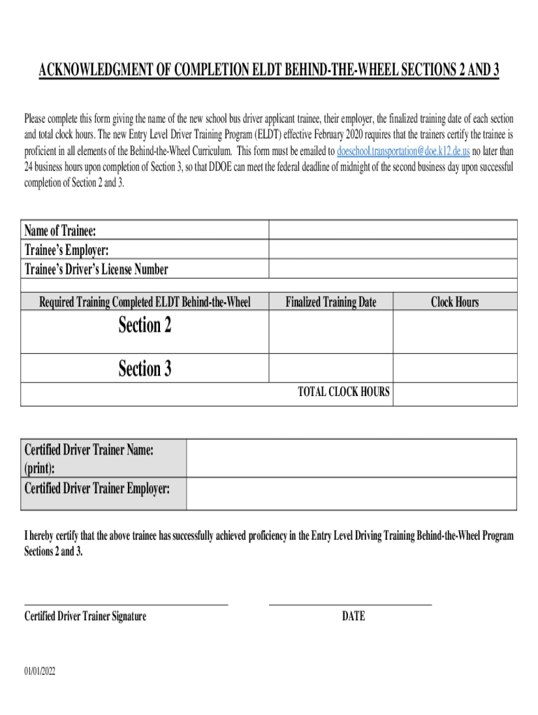 Fillable Online acknowledgment of completion eldt behind-the-wheel ...