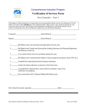 Fillable Online Verification of Services Form for New Counselors Year 1 ...