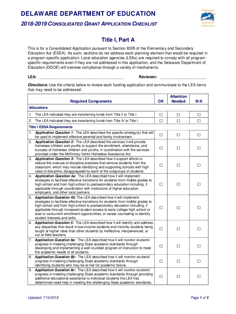 Fillable Online 2018-2019 Title I Checklist - Delaware Department of ...