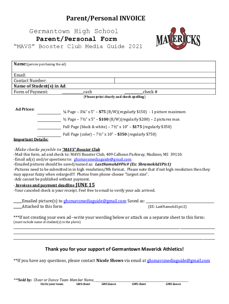 Fillable Online Parent/Personal INVOICE Germantown High School Parent ... Fax Email Print ...