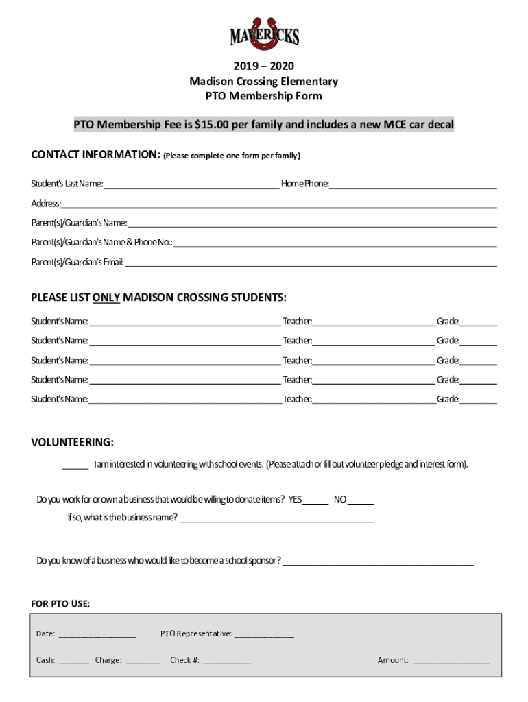 Fillable Online 2019 2020 Madison Crossing Elementary PTO Membership ...