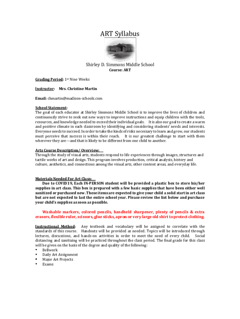 Fillable Online Art Class Syllabus for k-12 Students - The Art ...