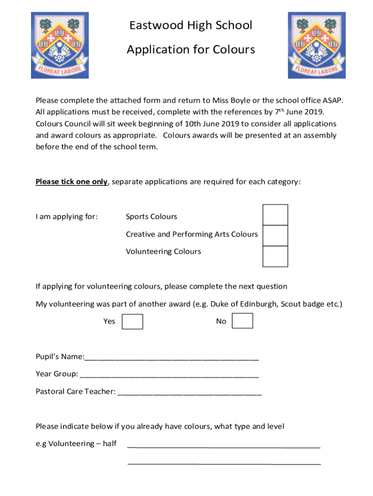 Fillable Online Eastwood High School Application for Colours Fax Email ...