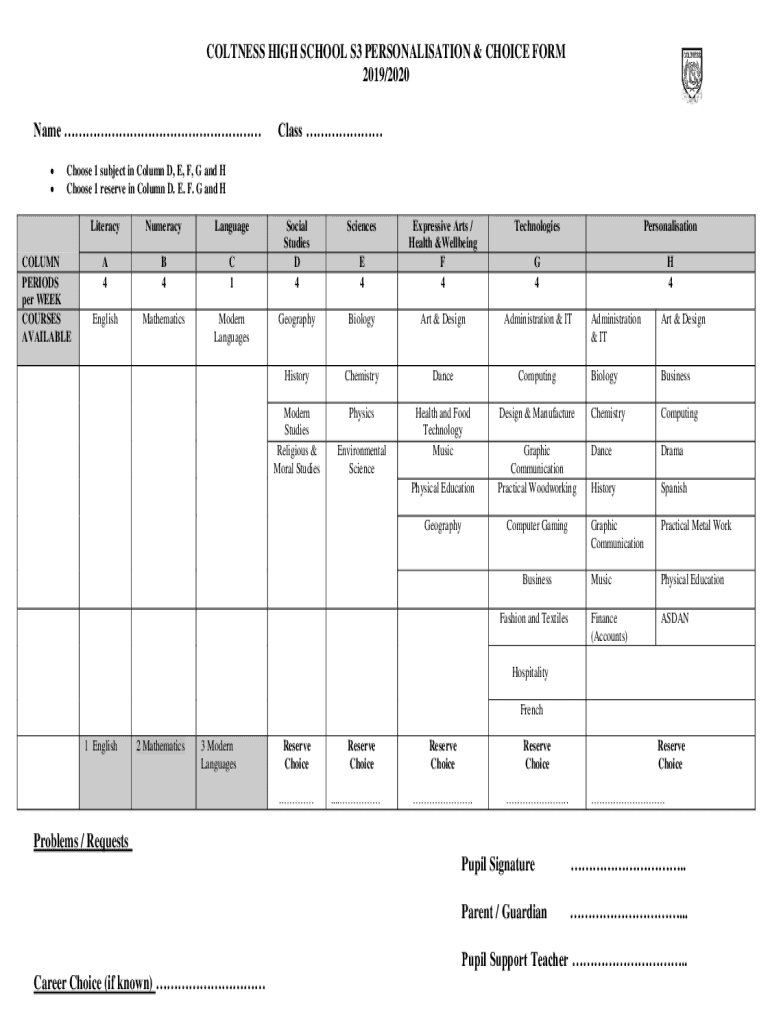 Fillable Online Link to S3 Personalisation and Choice Form for S2 ...