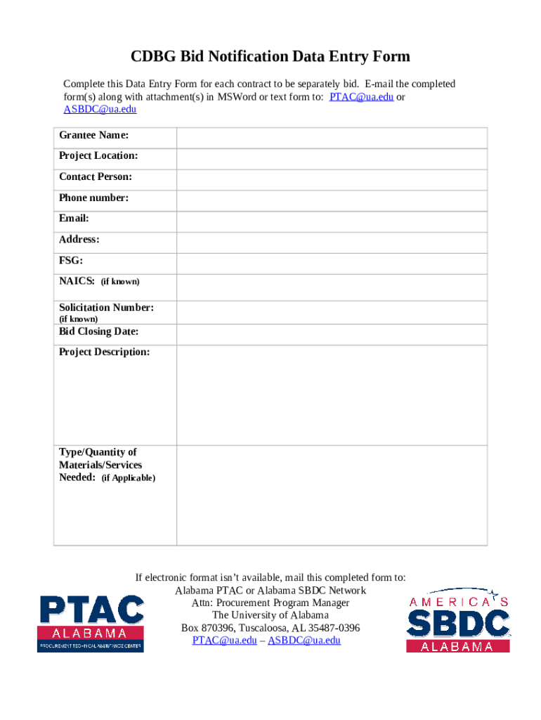 CDBG Bid Notification Data Entry - adeca alabama Doc Template | pdfFiller