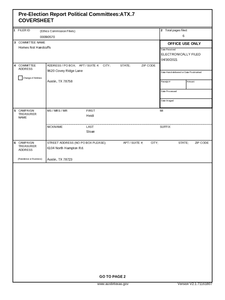 Fillable Online Pre-Election Report Political Committees:ATX.7 ...