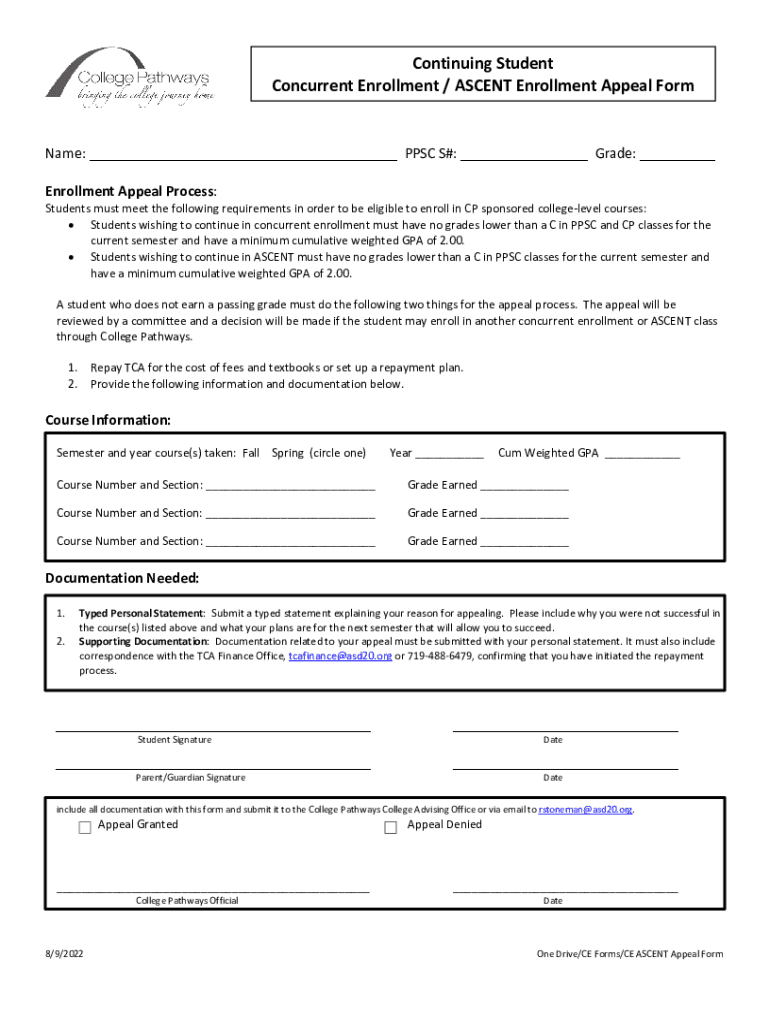 Fillable Online Concurrent EnrollmentCDE - Colorado Department of EducationConcurrent ...