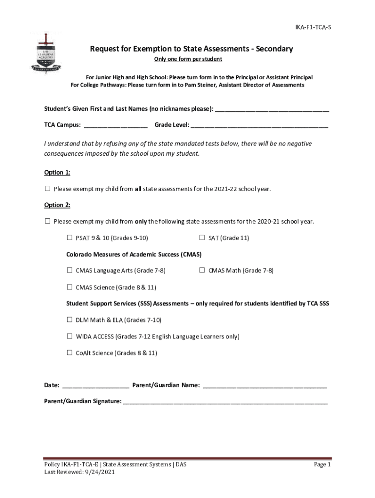 Fillable Online Request for Exemption to State Assessments - Secondary Fax Email Print - pdfFiller