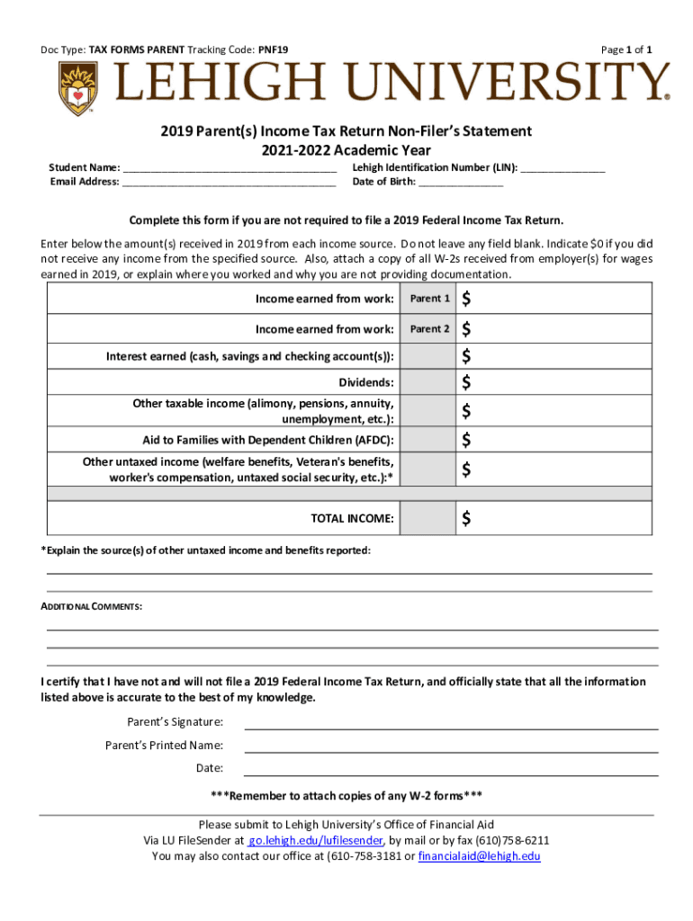 Fillable Online PARENT NON-FILER'S STATEMENT Fax Email Print - pdfFiller