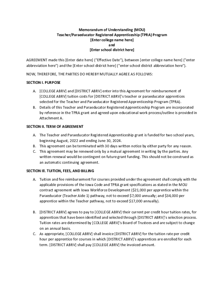 Fillable Online Memorandum of Understanding (MOU) Teacher/Paraeducator ...