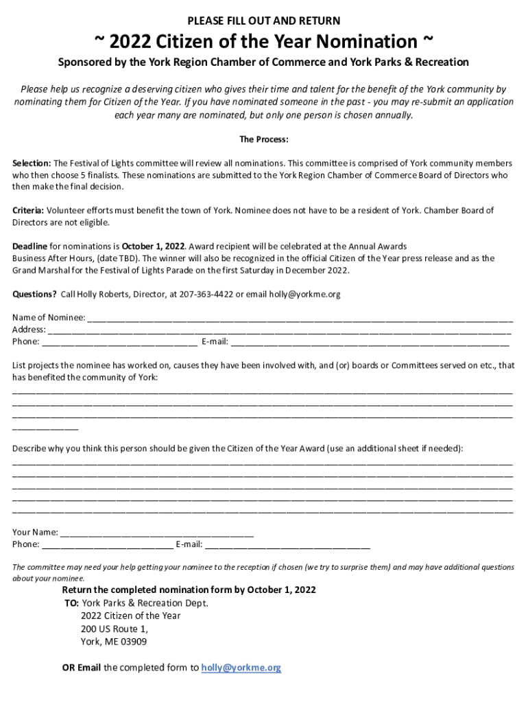 Fillable Online 2022 Citizen of the year Nomination Form - Shiawassee Regional Chamber ... Fax ...