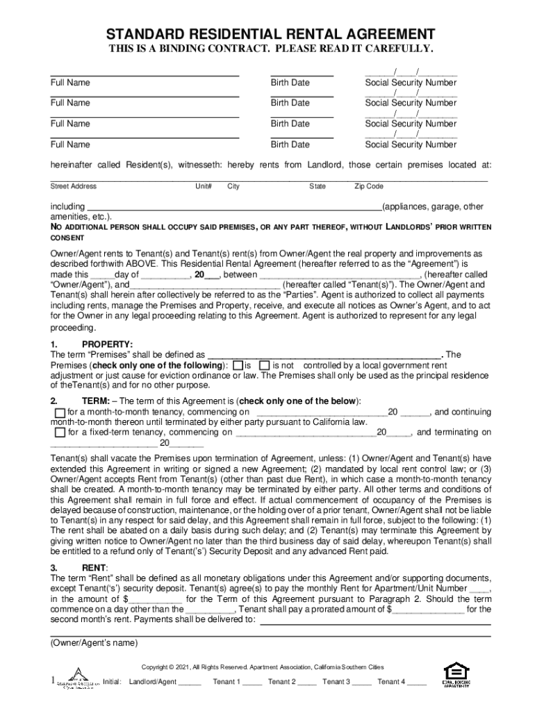 Fillable Online Free Standard Residential Lease Agreement Template ...