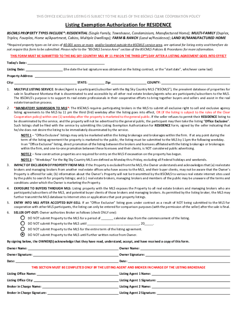 Fillable Online Listing Exemption Authorization for RESIDENCE Fax Email ...