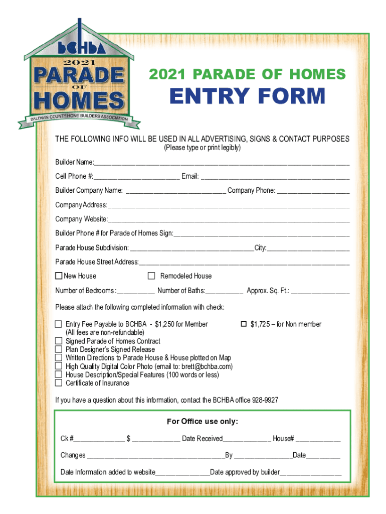 Fillable Online 2021 PARADE OF HOMES ENTRY FORM Fax Email Print - pdfFiller