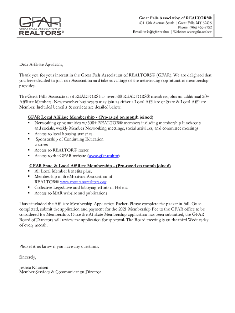 Fillable Online Dear Affiliate Applicant - Great Falls Association of ...