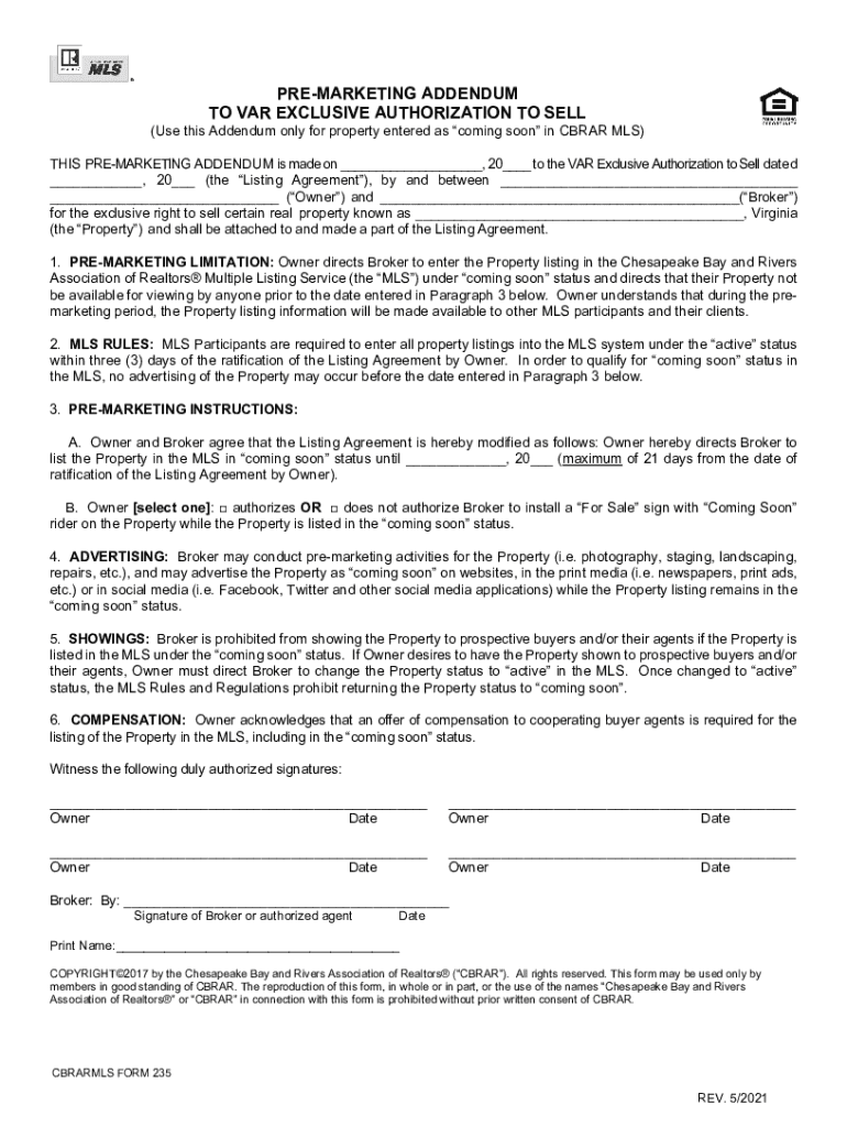 Fillable Online FORM 124 WMLS PRE-MARKETING ADDENDUM TO EXCLUSIVE AUTHORIZATION TO SELL ... Fax ...
