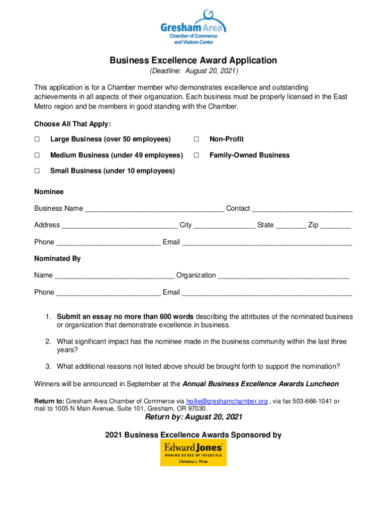 Fillable Online Business Excellence Award Application Fax Email Print - pdfFiller