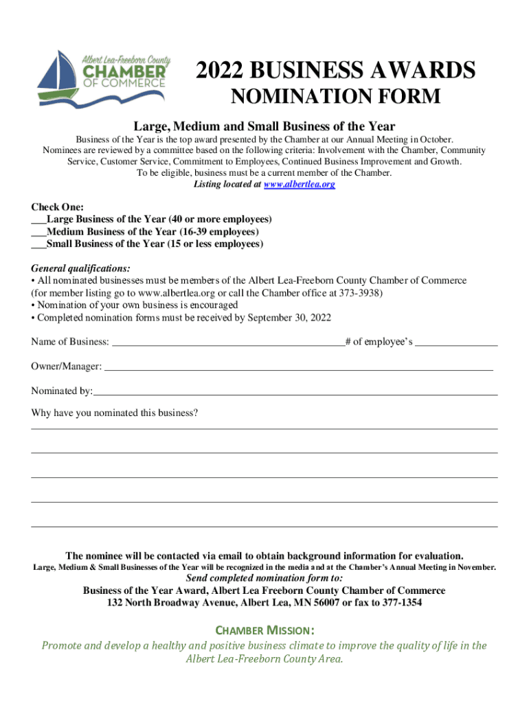 Fillable Online 2022 Annual Awards Nomination Form: Large/Small ...
