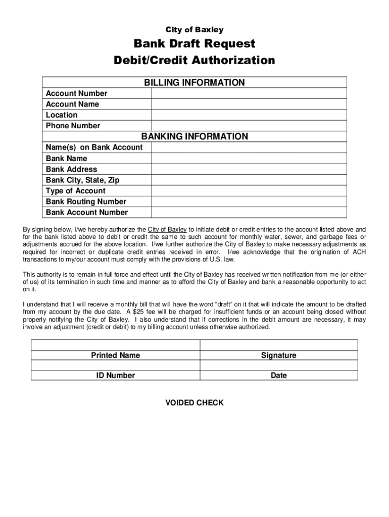 Fillable Online City of Baxley Bank Draft Request Debit/Credit Authorization Fax Email Print ...