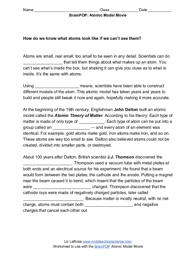 Fillable Online Date BrainPOP: Atomic Model Movie Fax Email Print ...