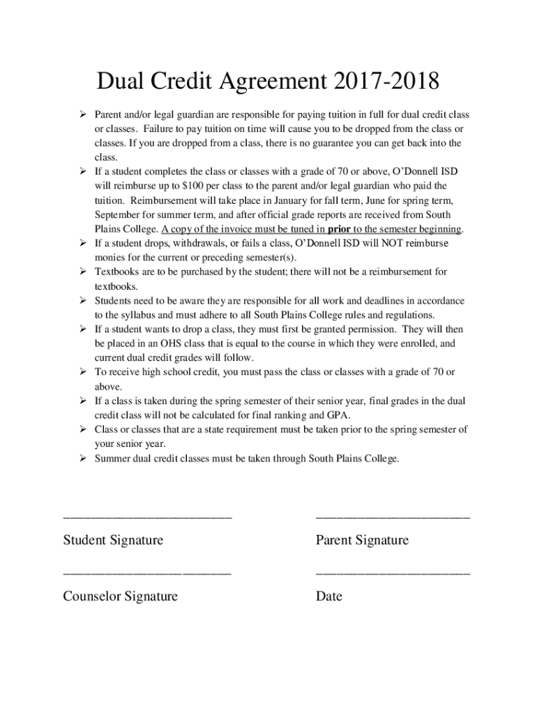 Fillable Online DUAL CREDIT AGREEMENT FORM FOR STUDENT AND PARENT ...