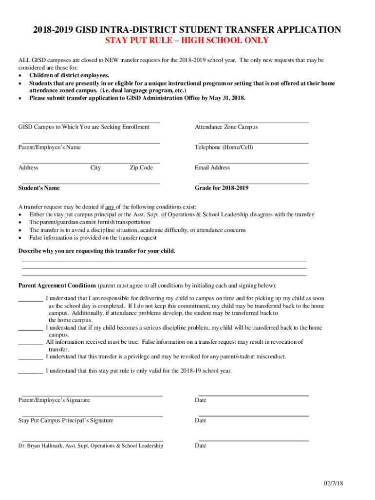 Fillable Online 2018-2019 gisd intra-district student transfer application Fax Email Print ...