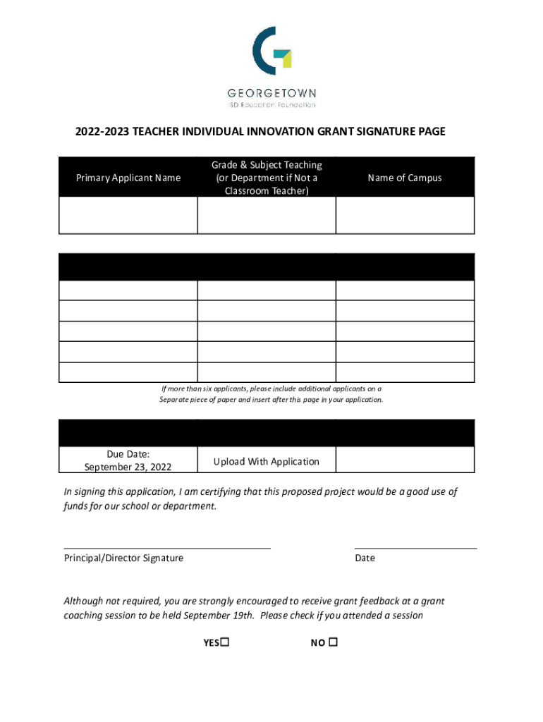 Fillable Online 2022-2023 TEACHER INDIVIDUAL INNOVATION GRANT SIGNATURE PAGE Fax Email Print ...