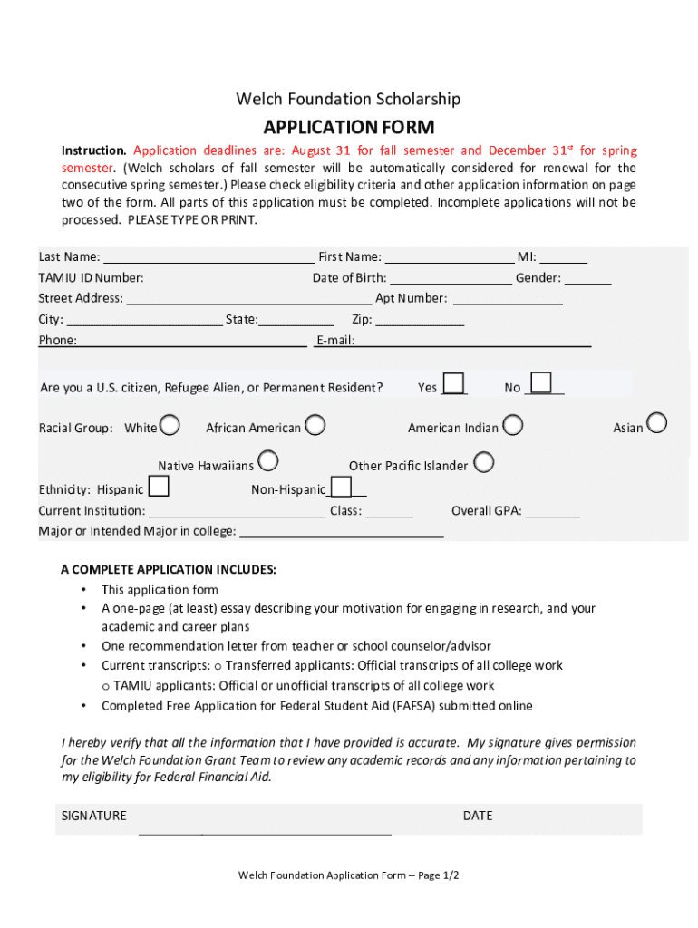 Fillable Online Financial Aid Scholarship Application - Welch College Fax Email Print - pdfFiller
