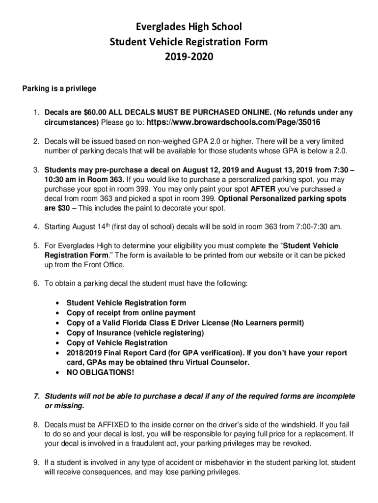 Fillable Online Everglades High School Student Vehicle Registration Form 2019-2020 Fax Email ...