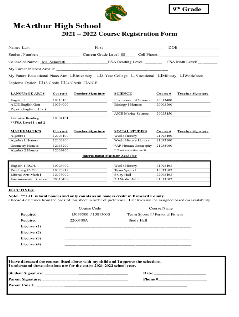 Fillable Online 9th Grade Registration (Class of 2026) - Adolfo ...