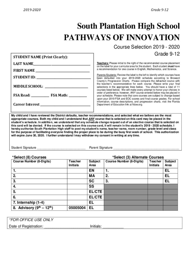Fillable Online South Plantation High School PATHWAYS OF INNOVATION - browardschools.com Fax ...