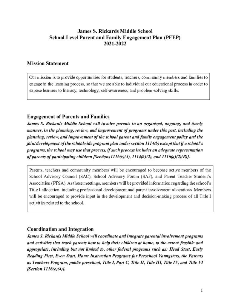 Fillable Online James S. Rickards Middle School School-Level Parent and ...