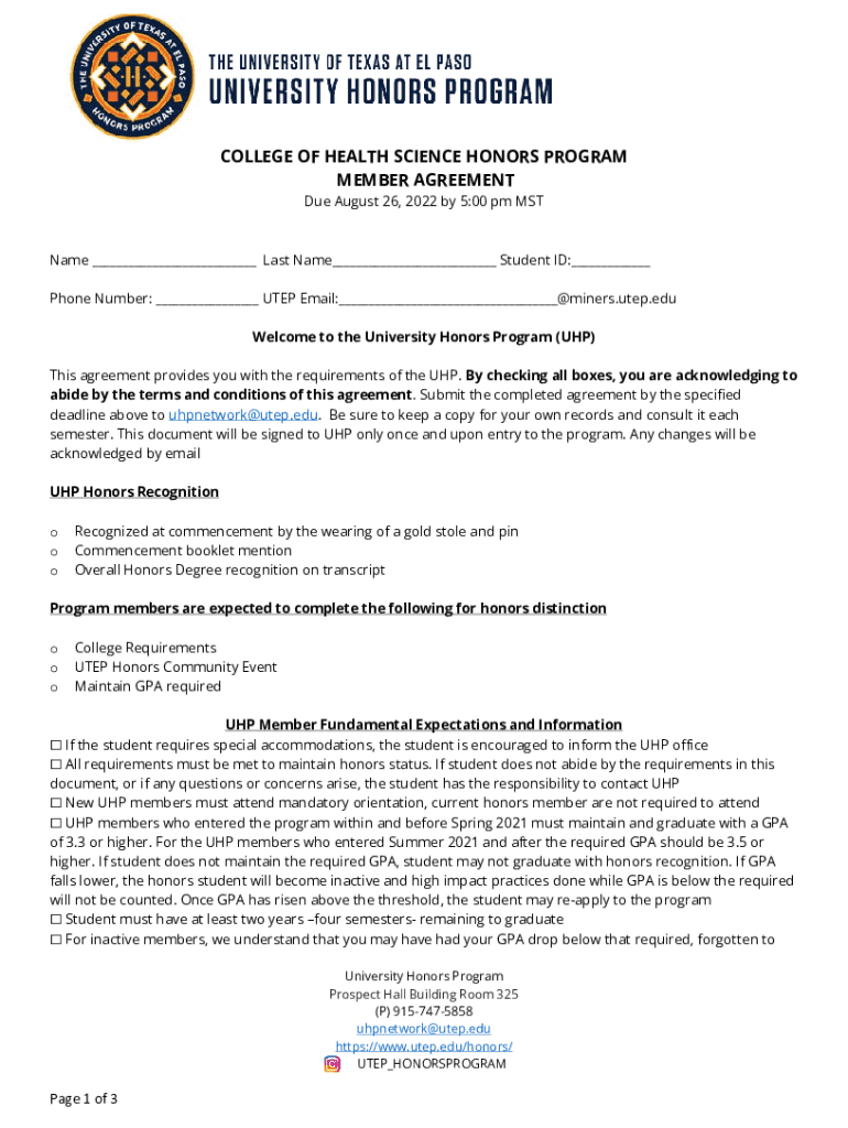 Fillable Online COLLEGE OF HEALTH SCIENCE HONORS PROGRAM MEMBER AGREEMENT Fax Email Print ...