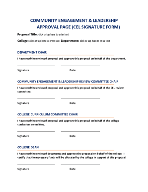 Fillable Online COMMUNITY ENGAGEMENT & LEADERSHIP APPROVAL PAGE (CEL ...