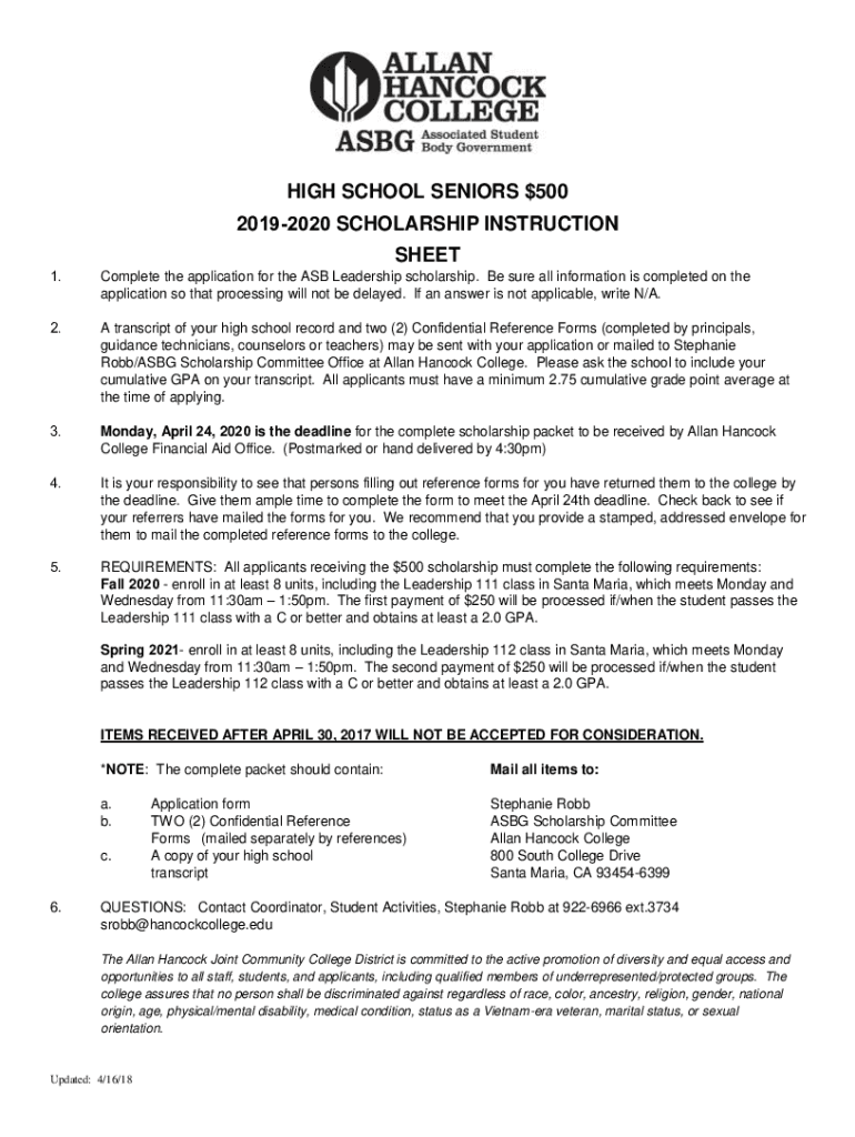 Fillable Online HIGH SCHOOL SENIORS $500 SCHOLARSHIP INSTRUCTION SHEET Fax Email Print - pdfFiller