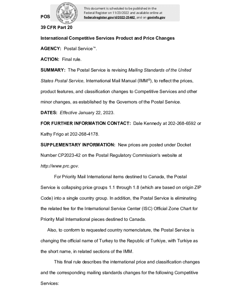 Fillable Online POSTAL SERVICE 39 CFR Part 20 International Competitive ...