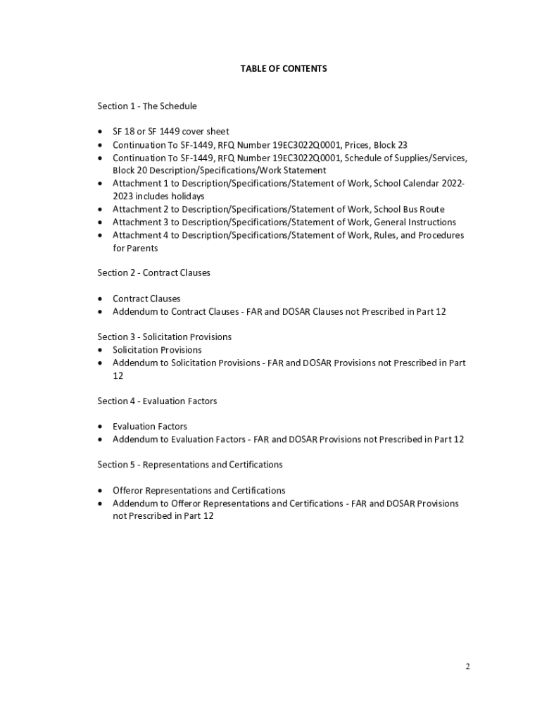 Fillable Online TABLE OF CONTENTS Section 1 - The Schedule SF 18 or SF ...