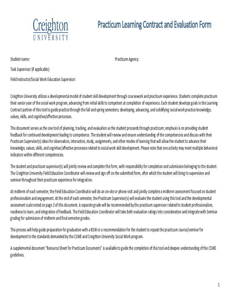 Fillable Online Practicum Learning Contract and Evaluation Form - Creighton University Fax Email ...