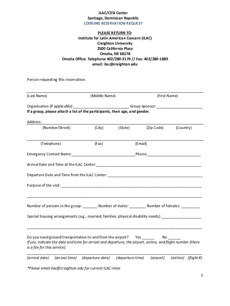 Fillable Online ILAC/CESI Center Santiago, Dominican Republic LODGING ...