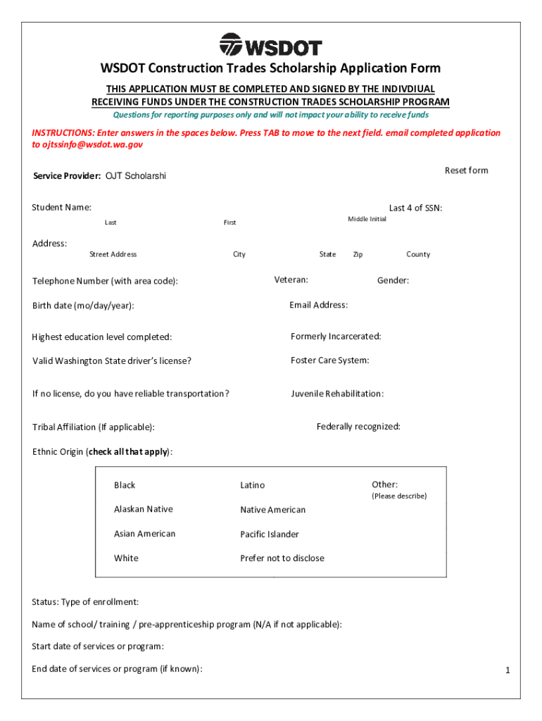 Fillable Online WSDOT Construction Trades Scholarship Application Form ...