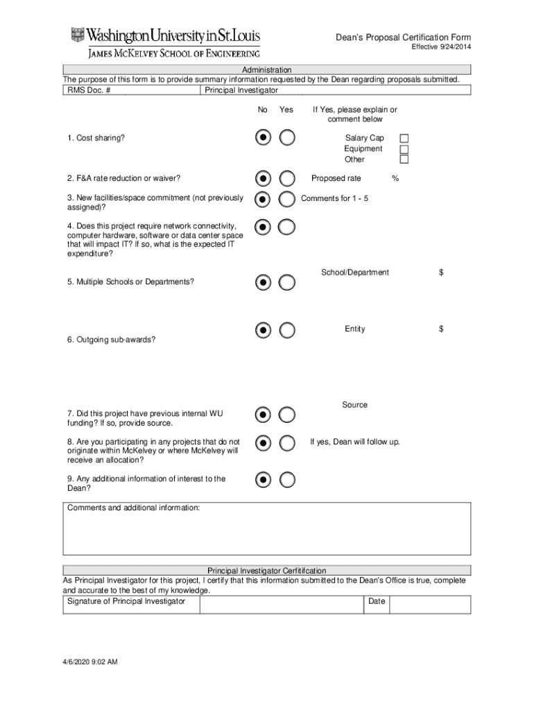 Fillable Online sites wustl Dean's Proposal Certification Form Fax ...