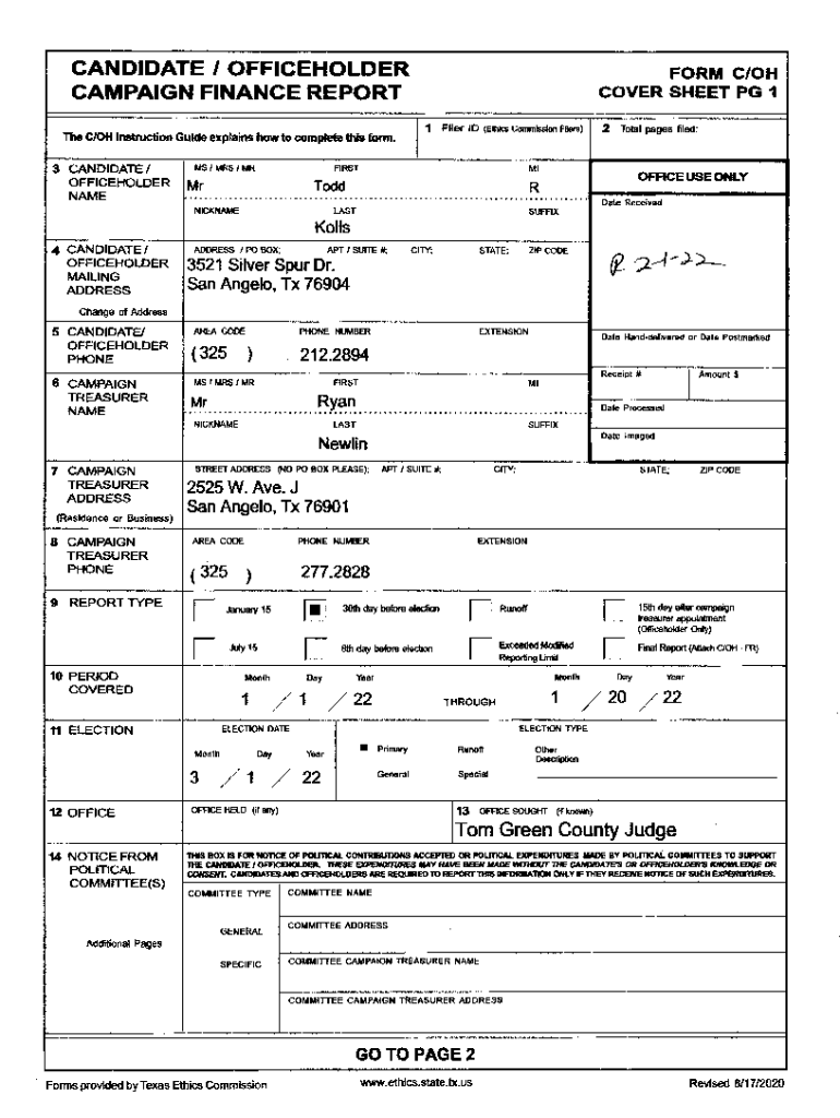 Fillable Online Form C/OH Instruction Guide: Candidate/Officeholder Campaign Finance Report Fax ...