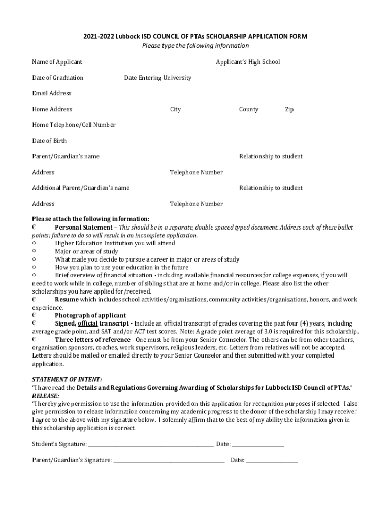 Fillable Online 2020 Lubbock ISD COUNCIL OF PTAs SCHOLARSHIP ...